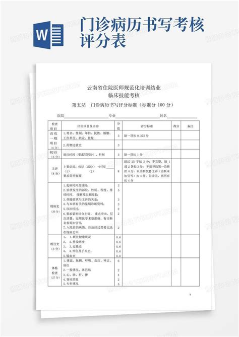 门诊病历书写考核评分表word模板下载编号qonxknyo熊猫办公