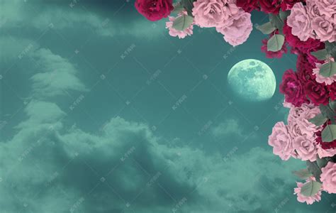 夜空和月亮背景上的玫瑰花布置高清摄影大图 千库网