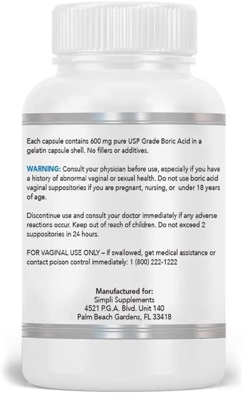 Simpli Supplements Boric Acid 600mg Vaginal Suppository For Women Usa Made Treatment For