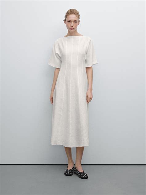 심 디테일 100 린넨 니렝스 원피스 · 화이트 · 캡 And 햇 Massimo Dutti