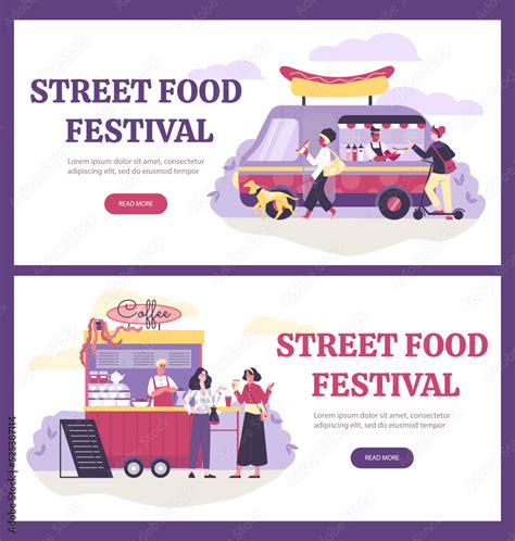 Street Food Festival Advertising Banners And Leaflets Flat Vector