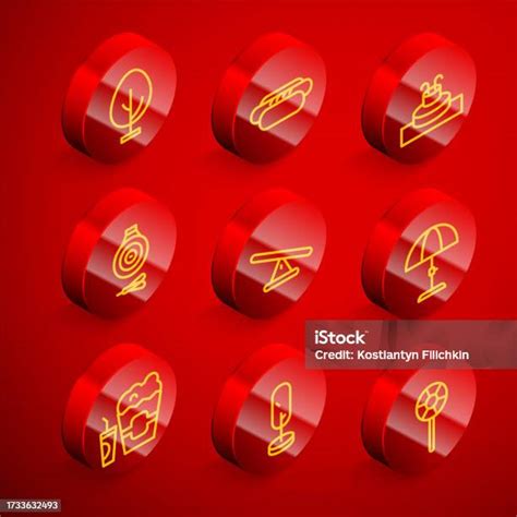 라인 트리 핫도그 분수 클래식 다트 보드 및 화살표 시소 태양 보호 우산 팝콘 상자 유리 및 아이콘을 설정합니다 벡터 3차원 형태에 대한 스톡 벡터 아트 및 기타 이미지