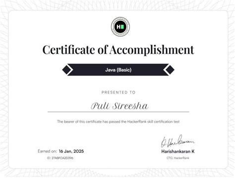 Puli Sireesha On Linkedin Java Hackerrank Certification Codingjourney Hackerrankcertificate
