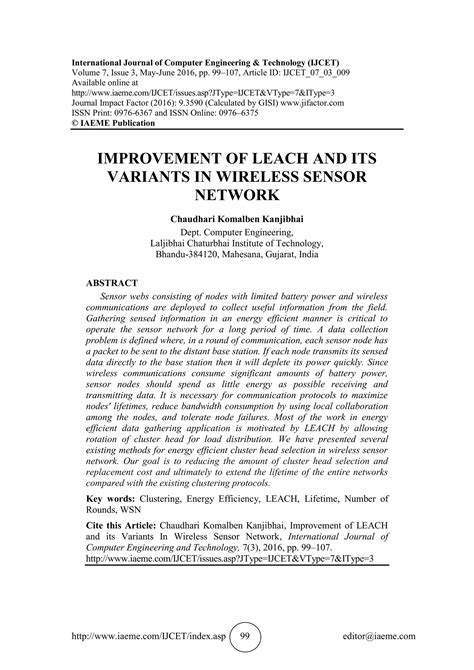 Improvement Of Leach And Its Variants In Wireless Sensor Network Pdf Free Download