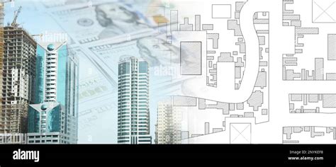 Multiple Exposure Of Cadastral Map Money And Unfinished Buildings