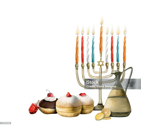 손으로 그린 수채화 하누카 배너 디자인 촛불 Dreidel 전통 도넛 Sufganiyot 웹 디자인용 동전 인사말 카드가 있는