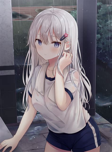 Safebooru 1girl Bangs Blush Breasts Collarbone Gym Shirt Gym Shorts