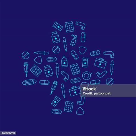 醫學和設備圖示圖案十字形輪廓描邊設置虛線設計插圖在深藍色背景下隔離向量圖形及更多健保和醫療圖片 健保和醫療 卡通 各種病症 Istock
