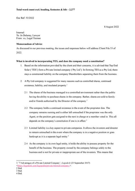 Memorandum Of Advice Our Ref August Internal To Jo Delaney Lawyer From Xx