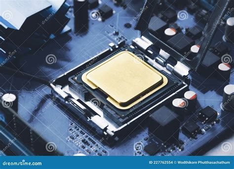 Gold CPU Processor Chip In Connector Socket Stock Photo Image Of Data Mainboard 227762554