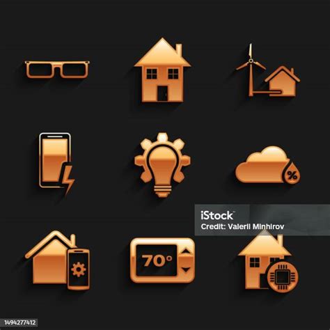 전구 및 기어 온도 조절기 스마트 홈 습도 원격 제어 시스템 모바일 충전 배터리 풍력 터빈 및 안경 아이콘이 있는 집을 설정합니다 벡터 Usb 케이블에 대한 스톡 벡터 아트
