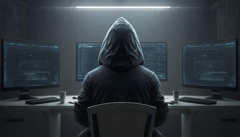 Premium Photo Hooded Hacker Sitting In Front Of Computer Screens In