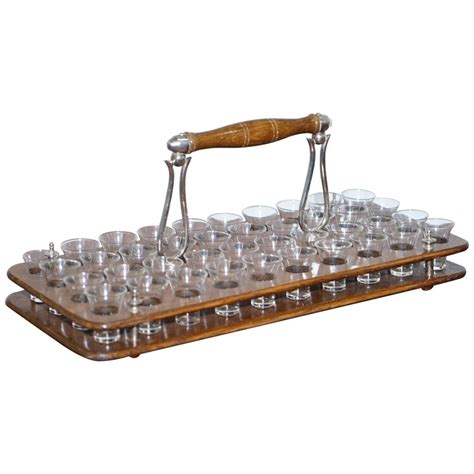 Antique Black Forest Wood 40 Shot Glass Serving Tray Silver Mounted Handles At 1stdibs Shot