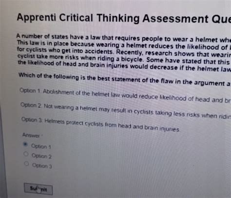 Solved Apprenti Critical Thinking Assessment QueA Number Of Chegg