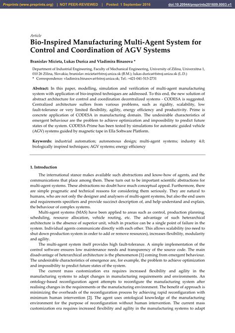PDF Bio Inspired Manufacturing Multi Agent System For Control And Coordination Of AGV Systems
