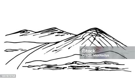 검은 윤곽선에 간단한 손으로 그린 벡터 그리기 산악 풍경 도로 구릉 지대 광야 자연 바위 인쇄 엽서 라벨의 경우 검은색에 대한 스톡 벡터 아트 및 기타 이미지 Istock