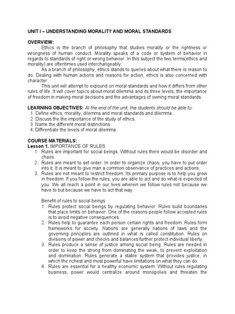 Unit I Understanding Morality And Moral Standards Overview Pdf Utilitarianism Morality