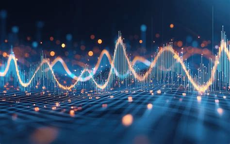 Abstract Representation Of Sound Waves With Glowing Particles In A Digital Landscape At Night