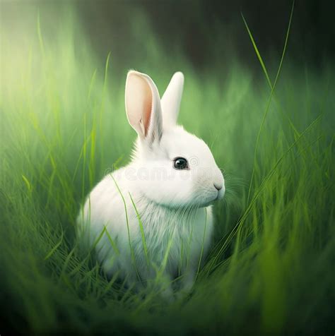 A White Fluffy Bunny With Long Ears Is Sitting In The Green Grass