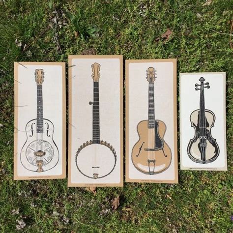 4 Instrument Posters Fiddle Banjo Archtop Guitar Dobro Resonator Linocut Relief Prints Wall Art