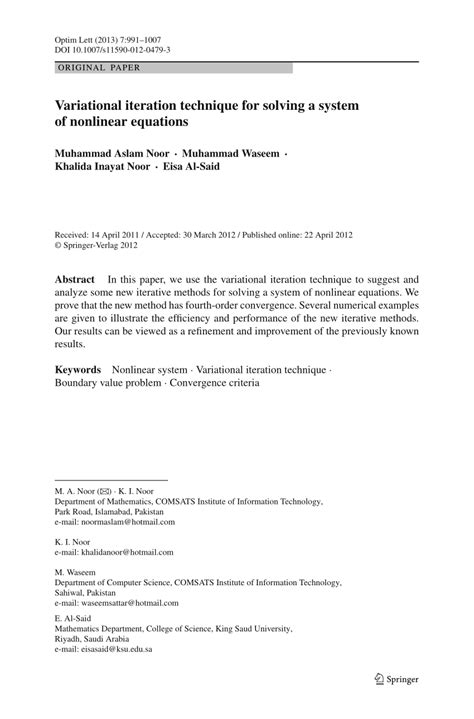 Pdf Variational Iteration Technique For Solving A System Of Nonlinear Equations