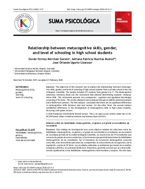 Pdf Relationship Between Metacognitive Skills Gender And Level Of Schooling In High School