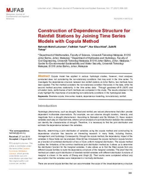 Pdf Construction Of Dependence Structure For Rainfall Stations By Joining Time Series Models