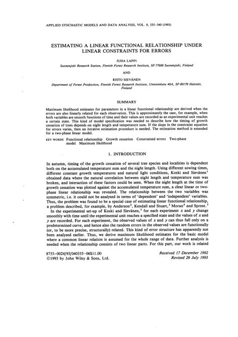 Pdf Estimating A Linear Functional Relationship Under Linear
