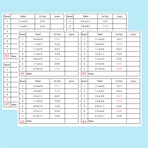12 Person Euchre Tournament Rotation 3 Table Score Card