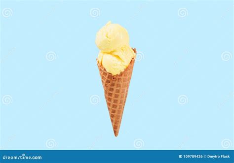Vanilla Ice Cream Cone On Blue Faded Pastel Color Background Stock