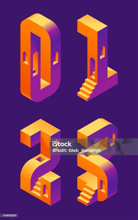 계단과 창문이있는 3d 아이소메트릭 모양으로 만든 벡터 글꼴 세트 0명에 대한 스톡 벡터 아트 및 기타 이미지 0명 3차원