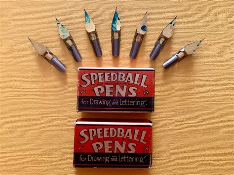2 Vintage Speedball Pen Nib Boxes With 9 Used Pen Nibs For Calligraphy