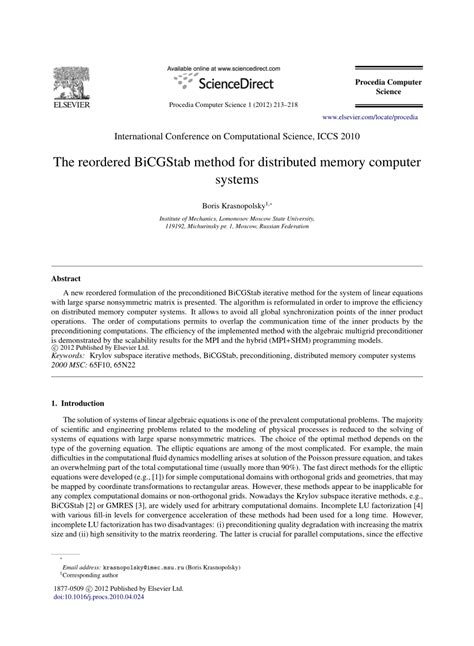 PDF The Reordered BiCGStab Method For Distributed Memory Computer Systems