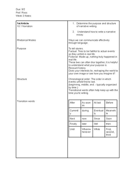 Narration And Descriptive Writing Notes Due 9 Prof Ross Week 3