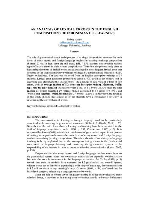 Pdf An Analysis Of Lexical Errors In The English Compositions Of