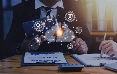 Man Use Laptop With Cloud Computing Diagram Show On Hand Cloud Technology Data Storage Stock