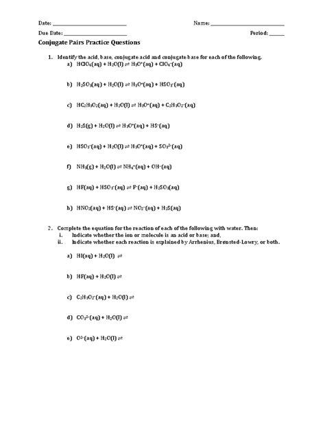 Acid And Base Conjugates Worksheet 1 Date