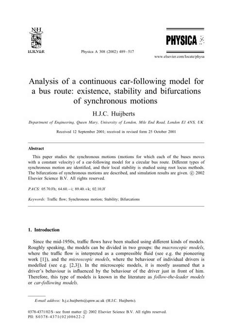 Pdf Analysis Of A Continuous Car Following Model For A Bus Route
