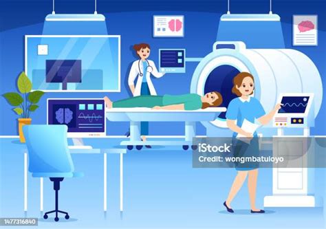 Mri 또는 자기 공명 영상 그림 의사와 환자가 건강 검진 및 Ct 스캔을 플랫 만화 손으로 그린 템플릿 Cat 스캔에 대한