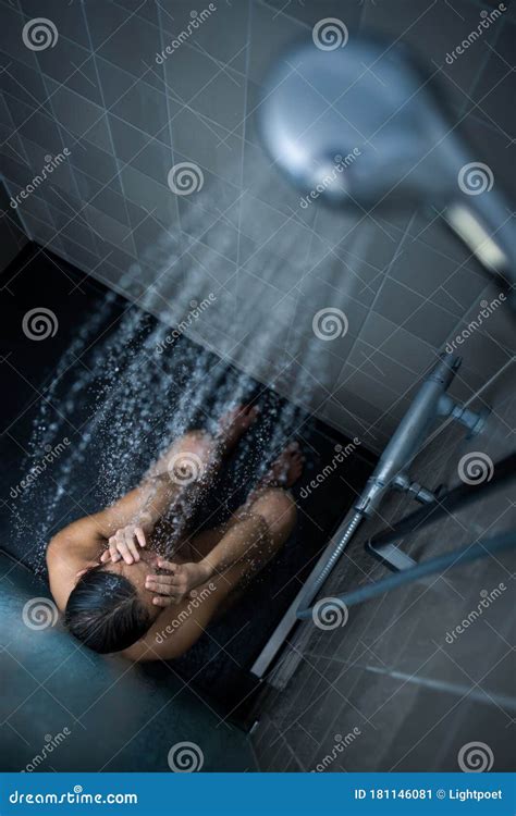 Pretty Young Woman Taking A Long Hot Shower Washing Her Hair Stock