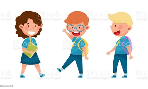 블루 학교 유니폼 세트귀여운 아이 배낭과 책 만화 벡터 일러스트와 쾌활한 학생 고등학교 이하에 대한 스톡 벡터 아트 및 기타