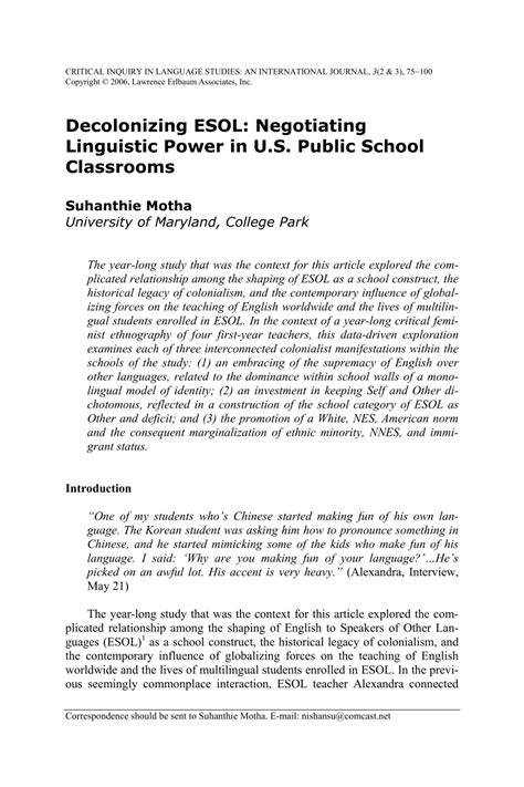 Pdf Decolonizing Esol Negotiating Linguistic Power In U S Public