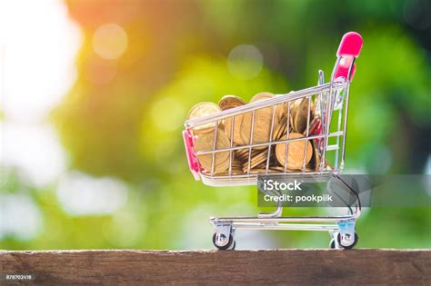 ショッピング カートや庭の緑の自然バック グラウンドビジネス金融ショッピング概念で木製テーブルの上のスーパー マーケットのトロリーでコインの