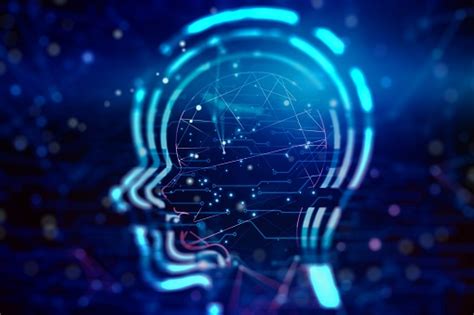 어두운 파란색 배경에 인간의 머리의 빛나는 실루엣 인공 지능 및 신경망 개념 3d 렌더링 웹 회의에 대한 스톡 사진 및 기타 이미지 Istock