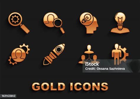 로켓 우주선을 불 인간 헤드 램프 전구 내부 기어 프로젝트 팀 기지 돋보기 및 검색 사람 아이콘으로 설정하십시오 벡터 Launch Party에 대한 스톡 벡터 아트 및 기타