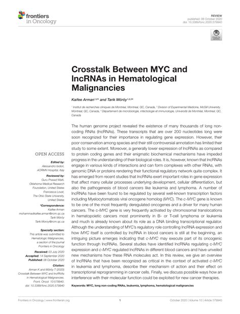 Pdf Crosstalk Between Myc And Lncrnas In Hematological Malignancies