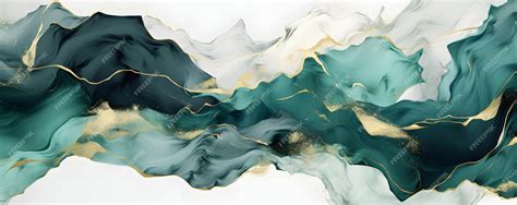 킨츠기 그림 녹색 백색 대리석 텍스처 배경과 파란색 갈라진 금색 세부 사항 프리미엄 사진
