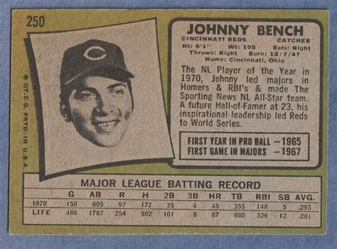 1971 Topps Johnny Bench 250 Ex Redlegs Hofer Ebay