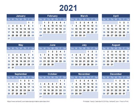Yearly Calendar 2021 Free Printable Template Printable The Calendar Riset