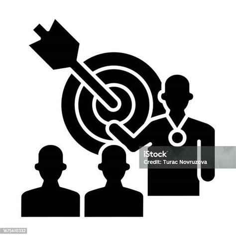 화살표와 강사의 단단한 아이콘 프레젠테이션 개념 리더는 흰색 배경에 비즈니스 목표 기호를 제시하고 연사는 문자 모양으로 목표